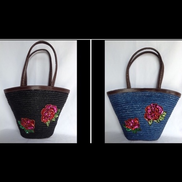 Ermo handbags | Bags | Nwt Large Straw Bag Tote Roses Black Or Black ...